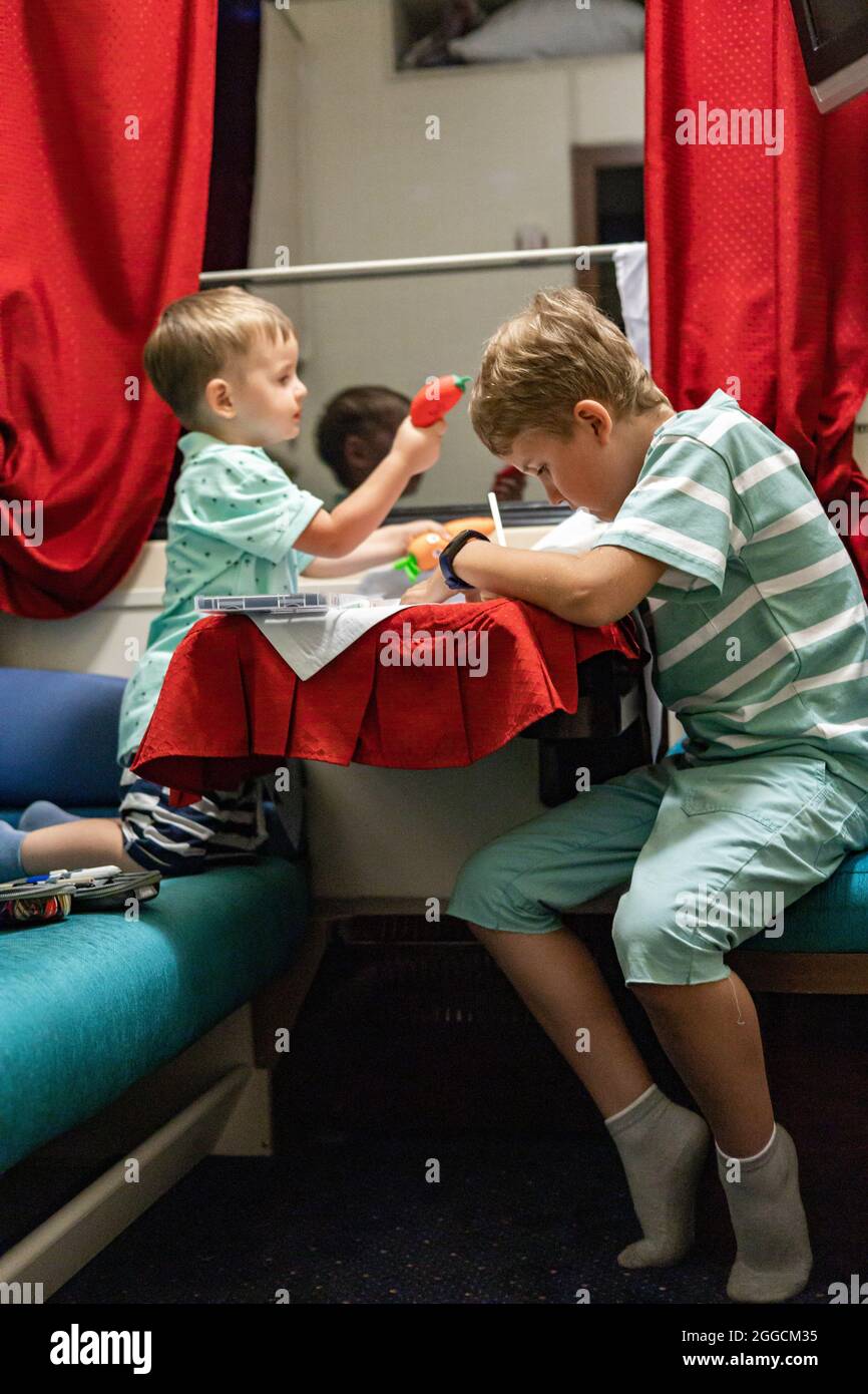 Funny little brothers travel by train riding at comfortable railway ...