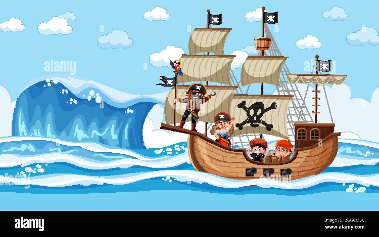Beach with Pirate ship at daytime scene in cartoon style illustration ...