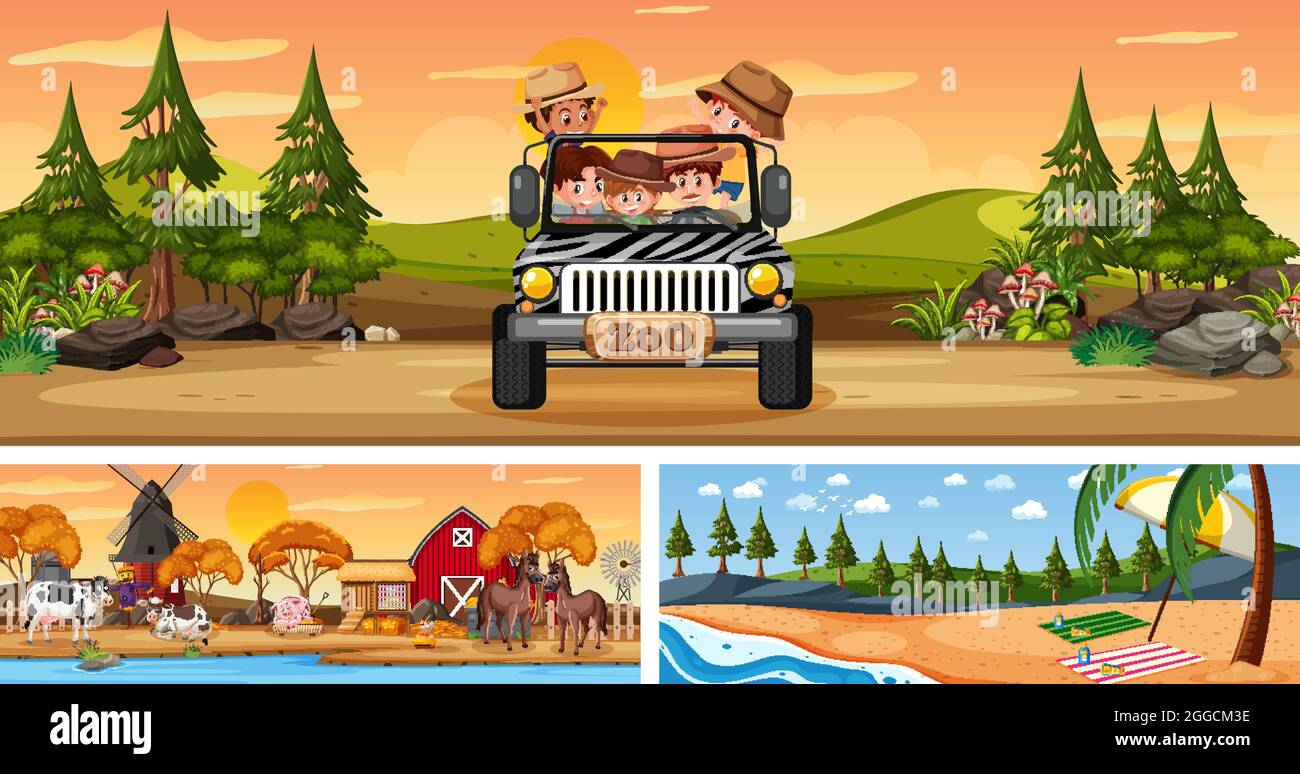 Set of different outdoor landscape scenes with cartoon character ...