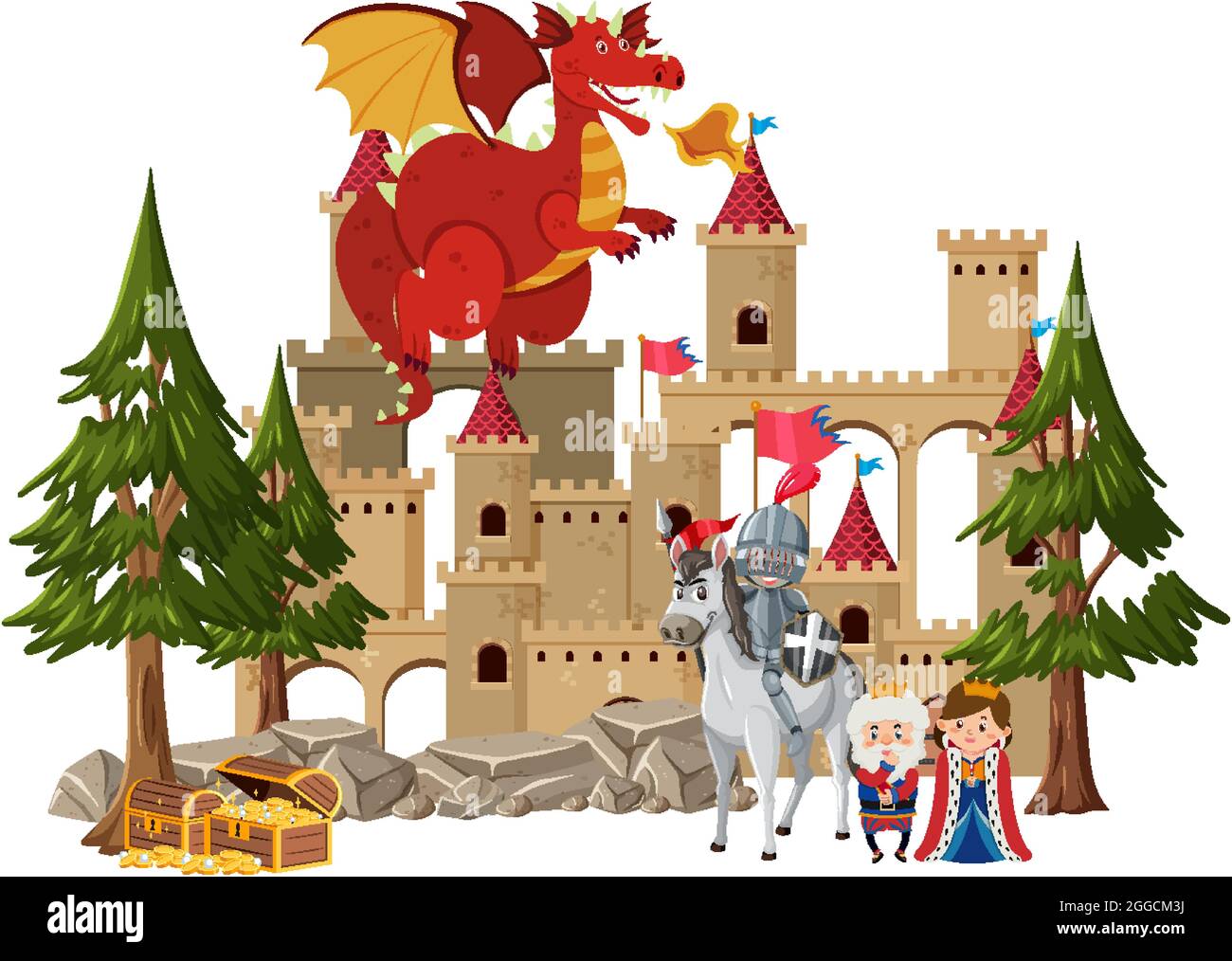 Knights fight with dragon at the castle illustration Stock Vector Image ...