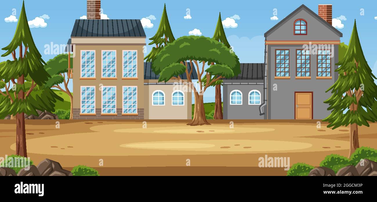 Landscape scene with houses in spring illustration Stock Vector Image ...