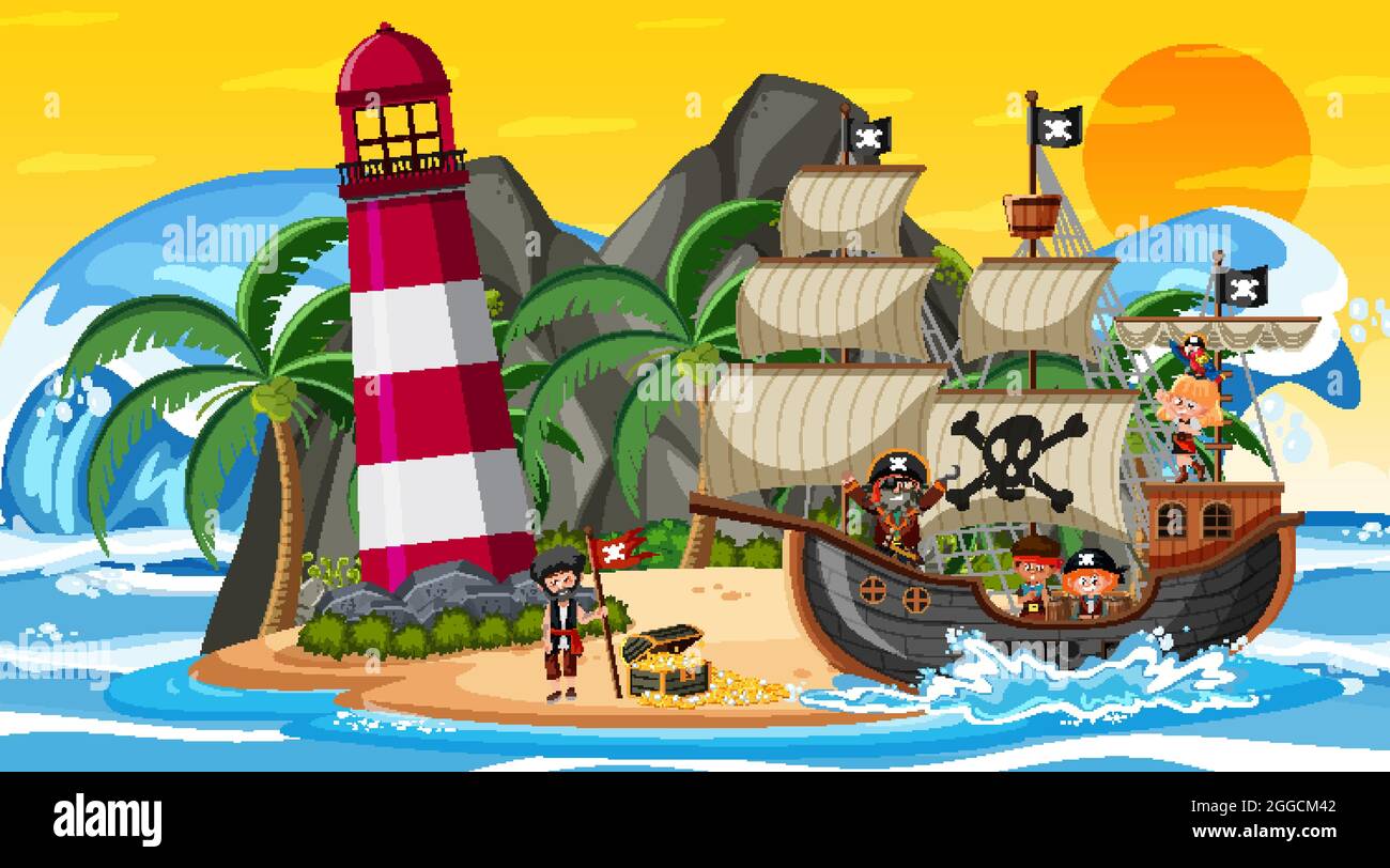Ocean with Pirate ship at sunset scene in cartoon style illustration ...