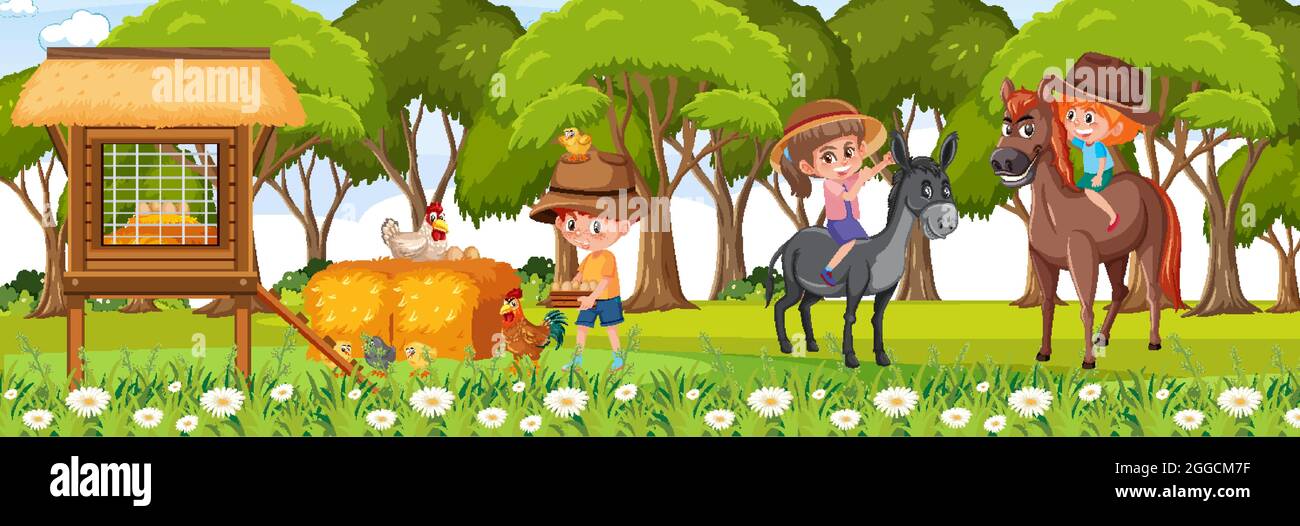 Farm horizontal landscape scene with many children illustration Stock ...