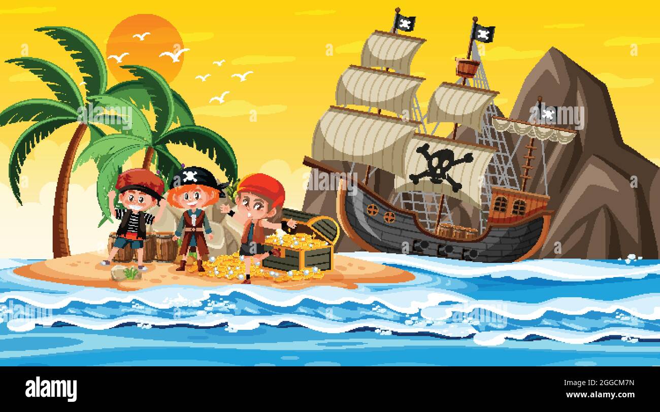 Treasure Island scene at sunset time with Pirate kids illustration ...