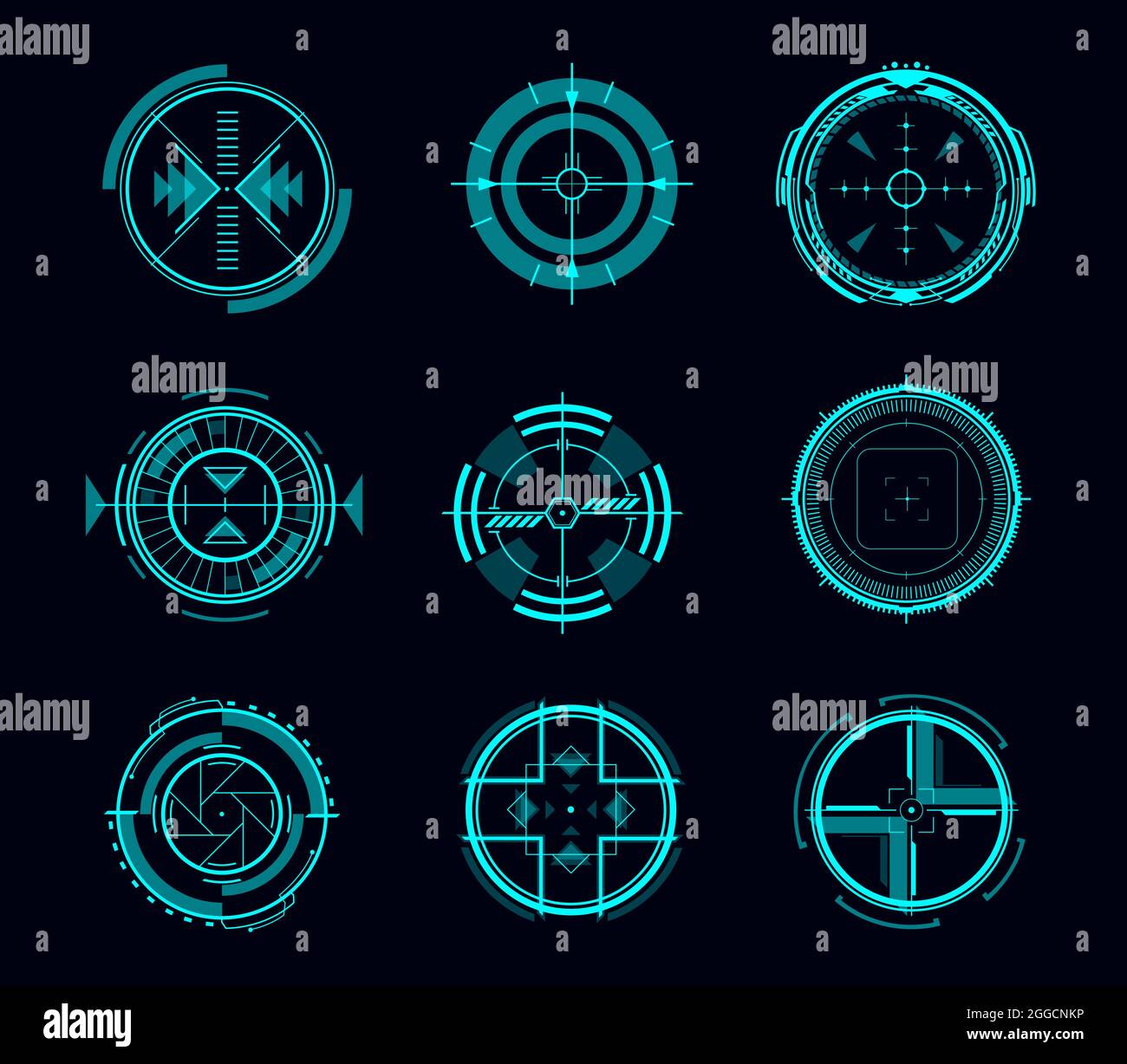 HUD aim control, futuristic target or navigation interface, vector game ui. Digital data screen ...