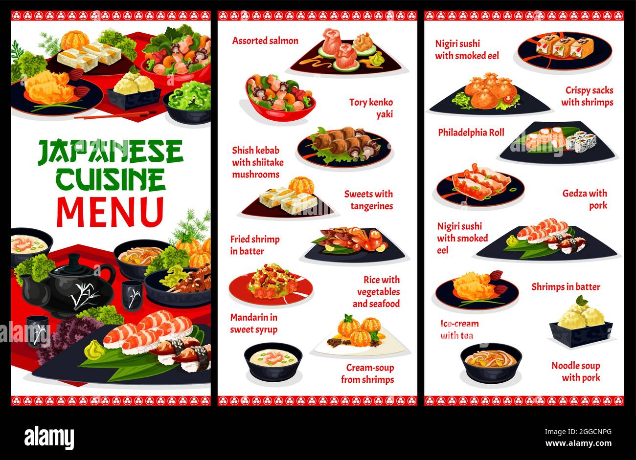 Japanese cuisine restaurant menu template. Assorted salmon, kenko yaki ...
