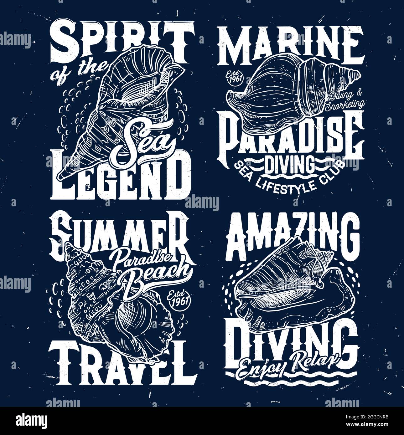 Tshirt prints with sketch sea shells for apparel design. Vector labels ...