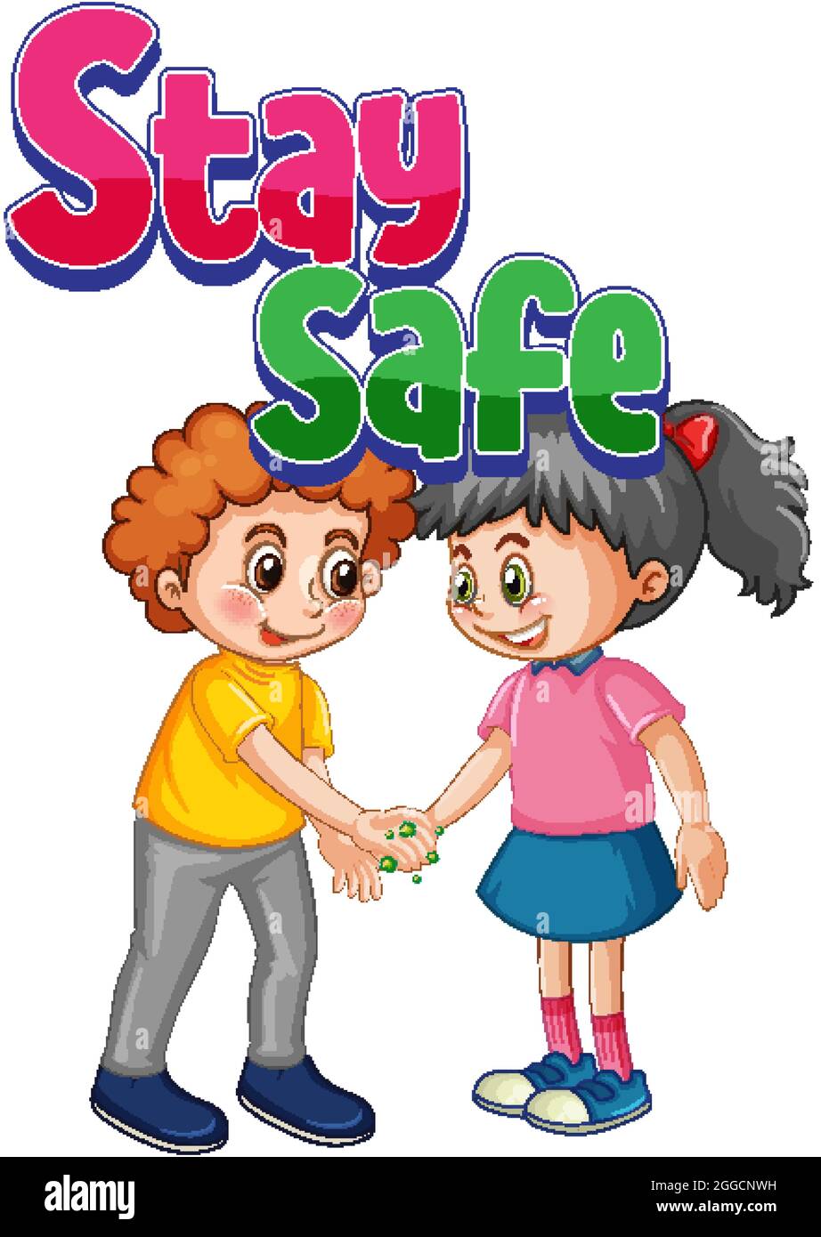 Stay Safe font in cartoon style with two kids do not keep social ...