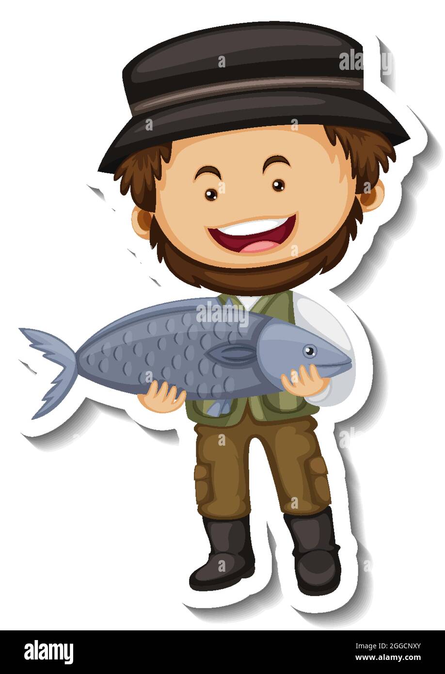 Sticker template with a fish seller man cartoon character isolated ...