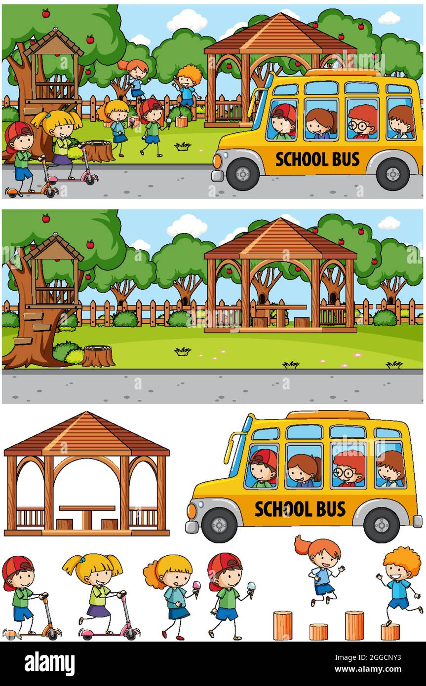 Park scene set with many kids doodle cartoon character isolated ...