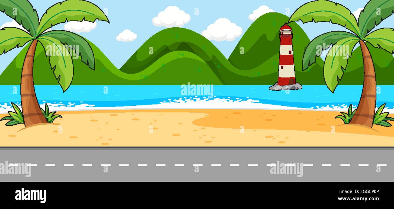 Empty scene with beach landscape and long street illustration Stock ...