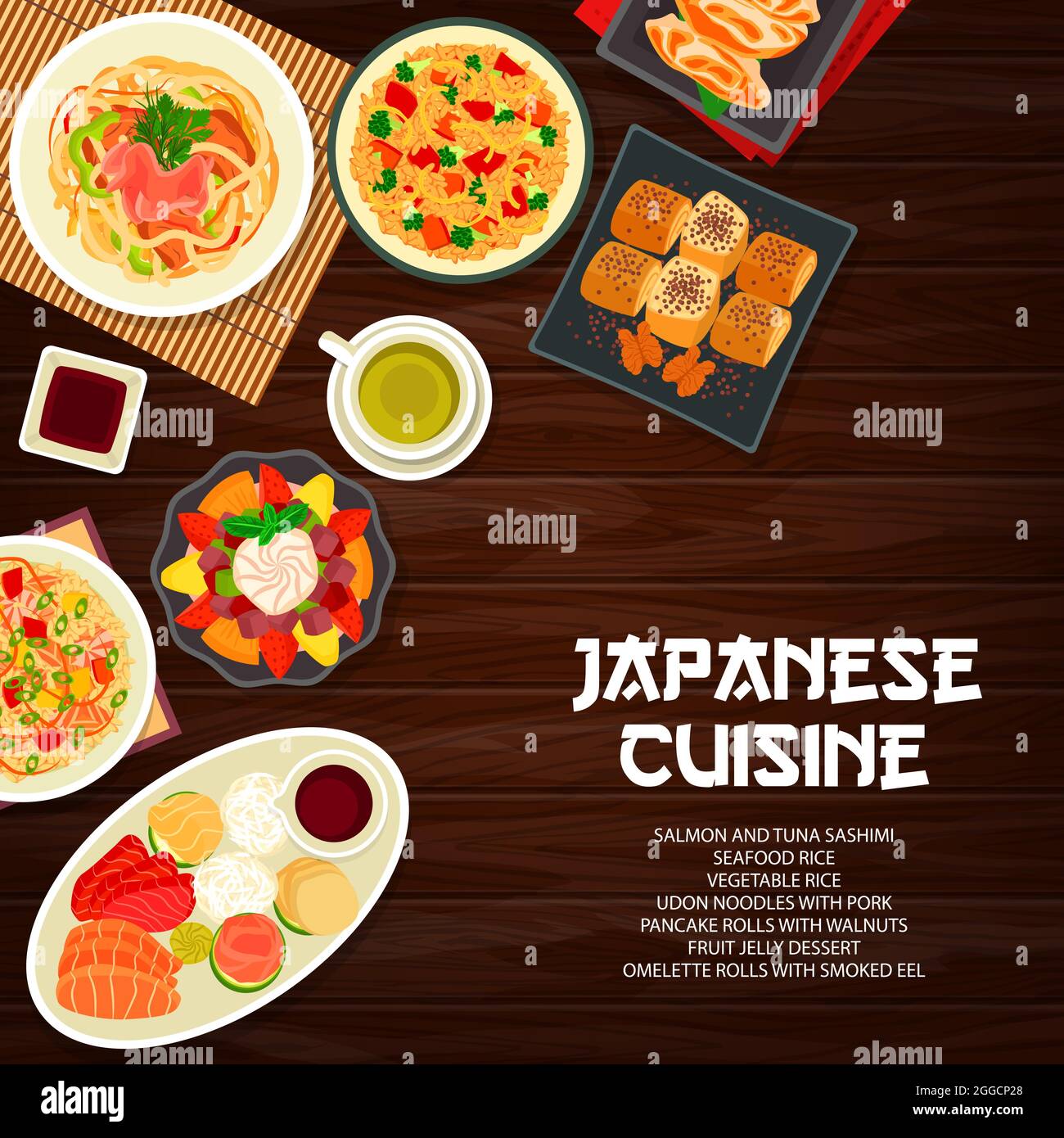 Japanese Cuisine Menu Cover Asian Food Dishes And Meals Vector