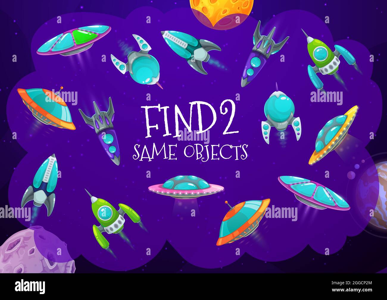 Find spaceship in galaxy kids game with cartoon rockets. Vector riddle ...