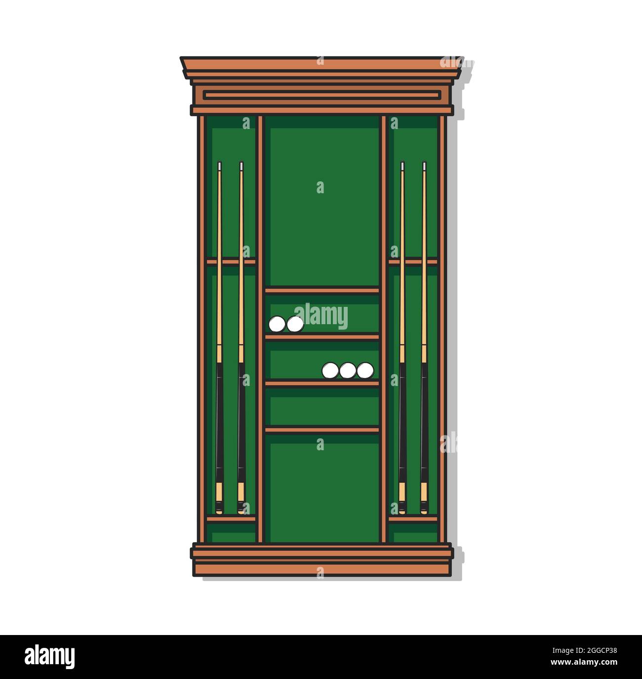 Brown pool cue rack with vector billiards sport game balls and cues ...