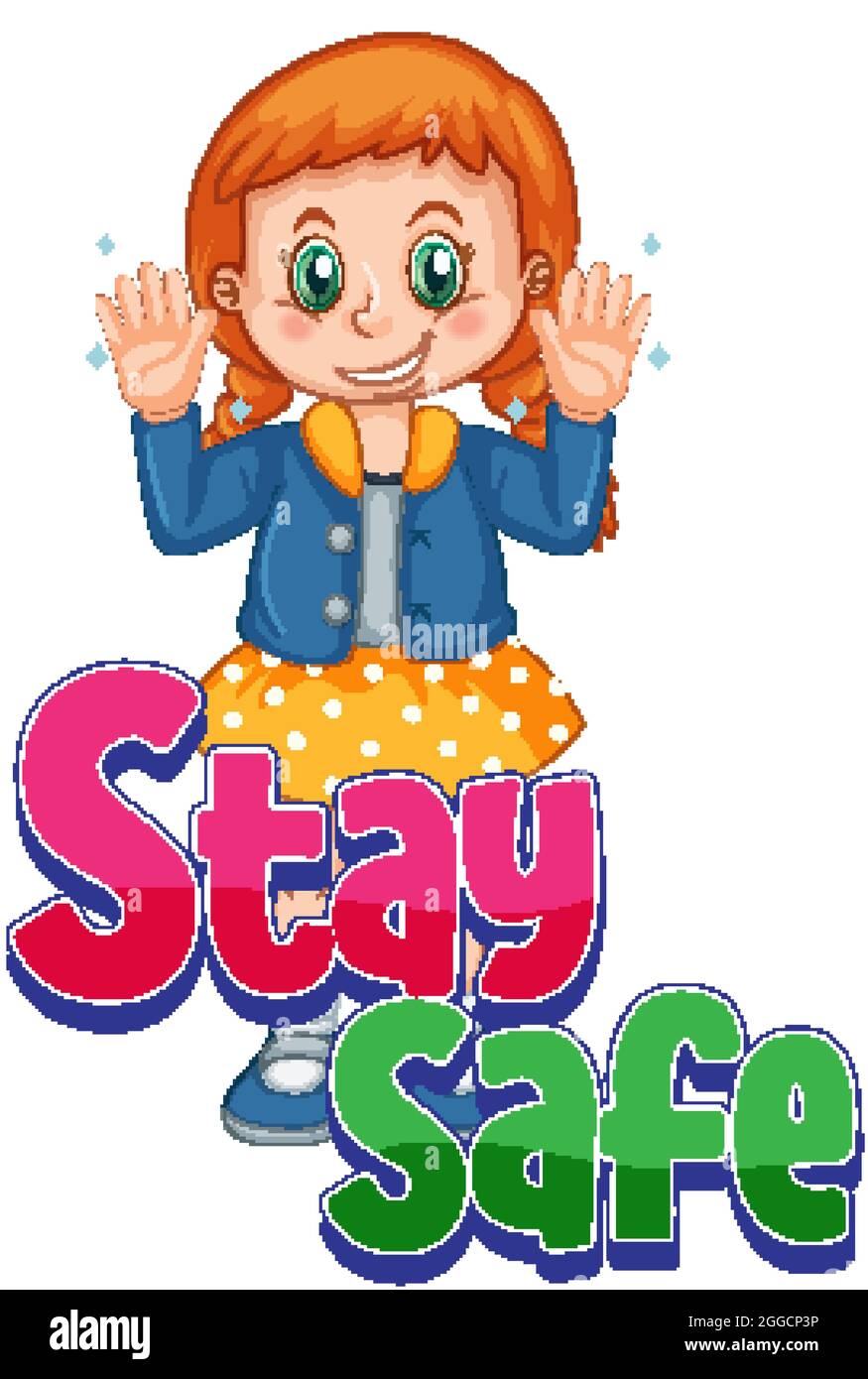 Stay Safe font design with a girl showing her clean hands on white ...