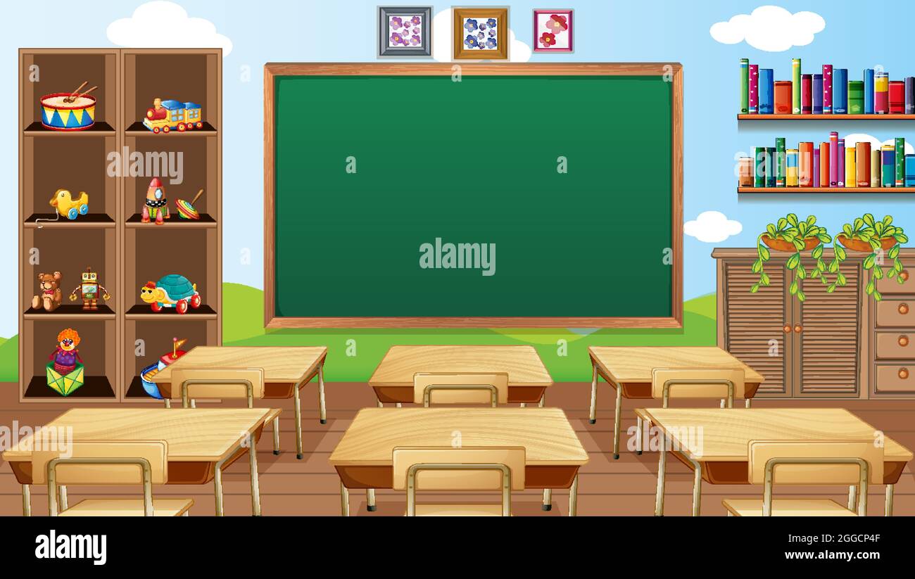 Empty classroom scene with interior decoration and objects illustration ...
