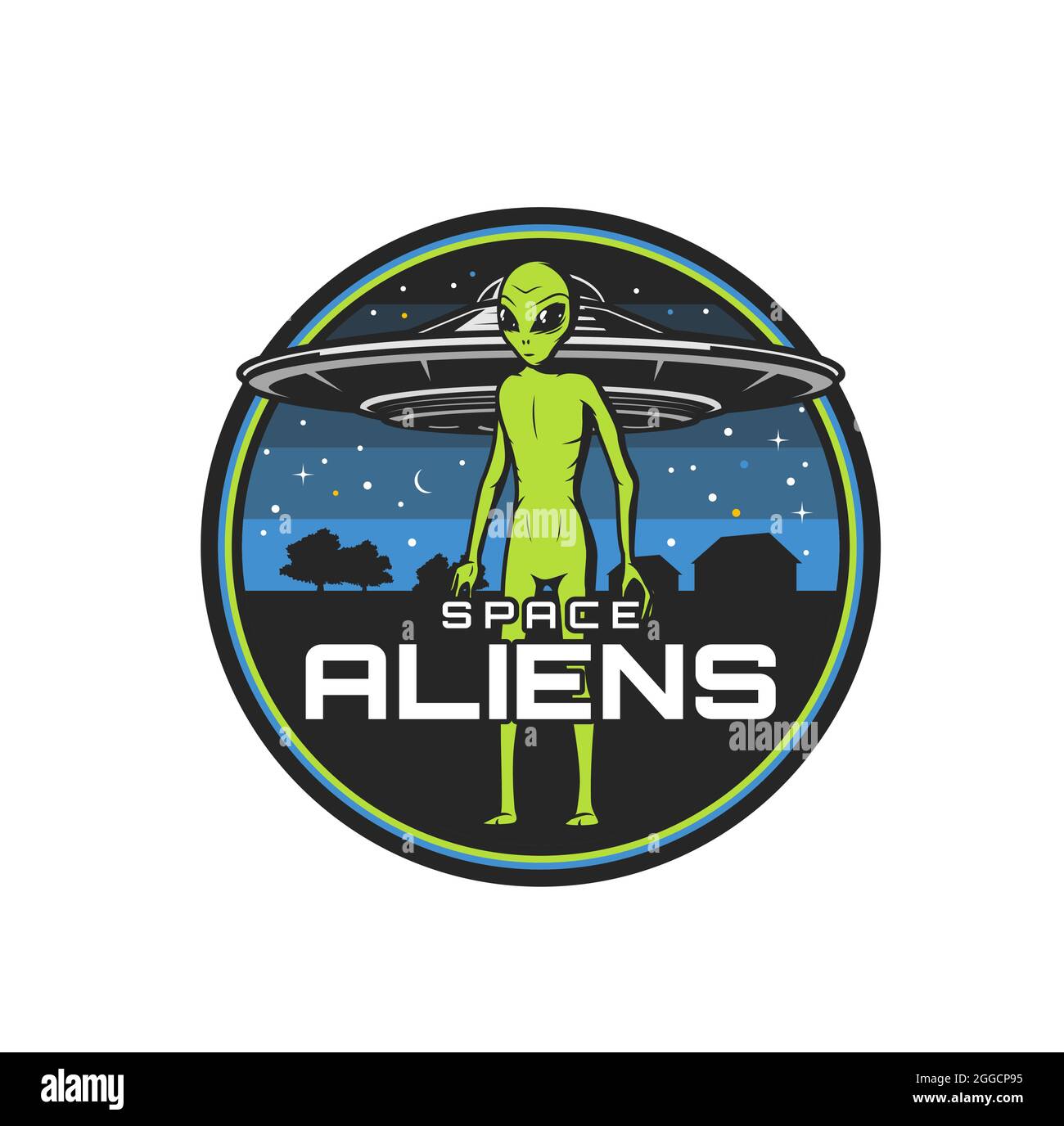 Space aliens icon with vector UFO spaceship or flying saucer, green ...