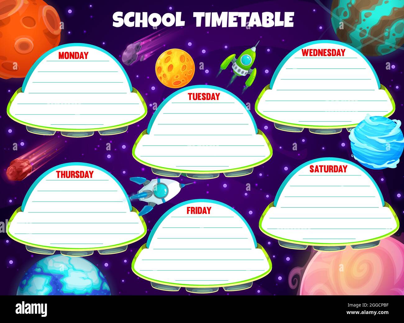 Galaxy timetable with spaceships and shuttles. Vector kids weekly ...