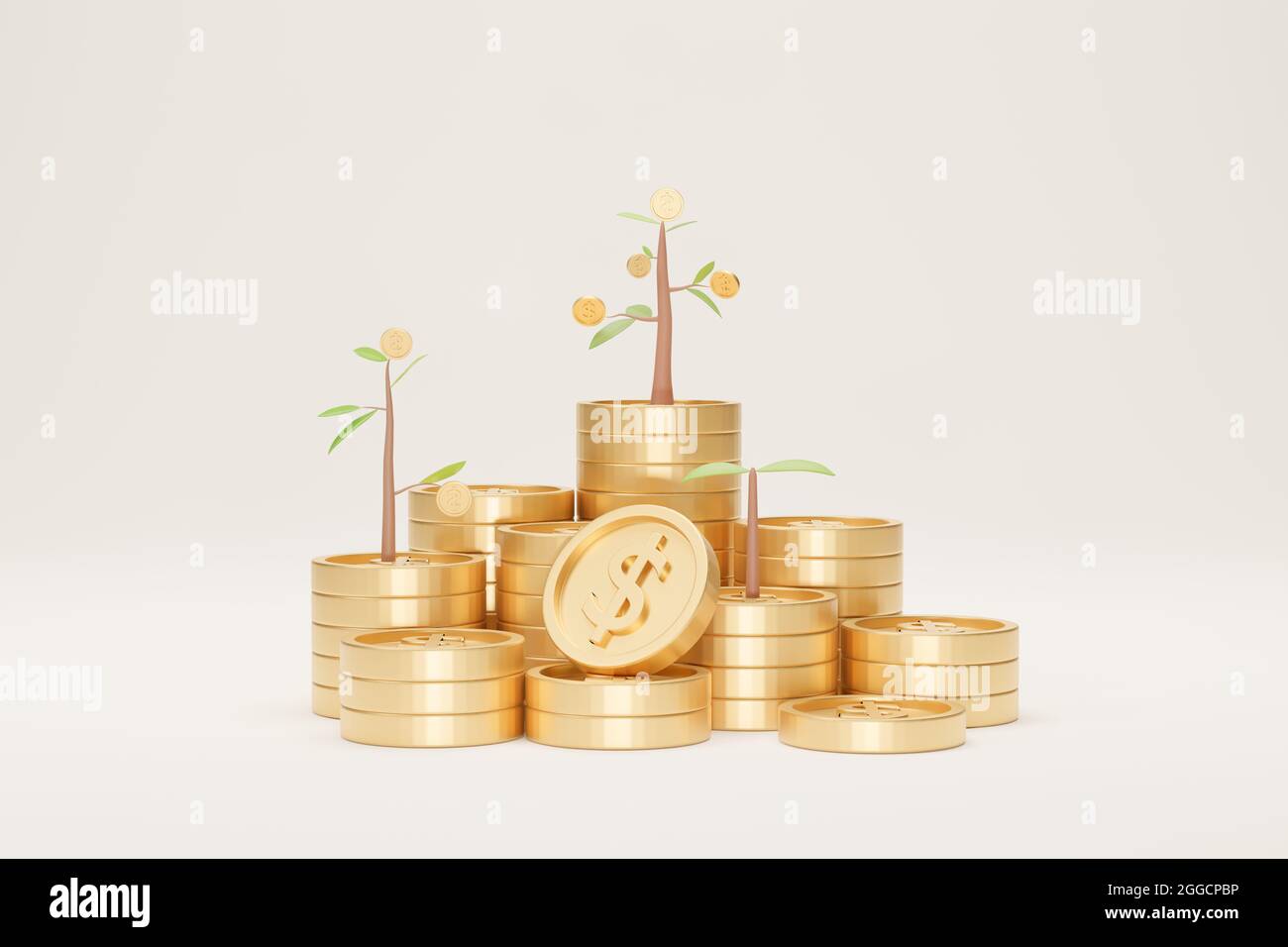 Coin stack growth with tree on white background. Growing saving concept ...