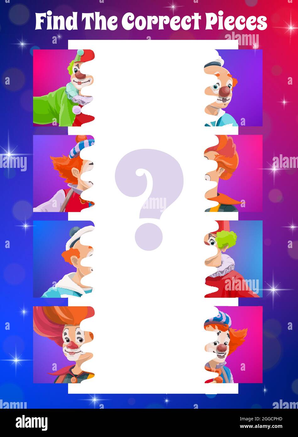 Kids game of find a correct circus clown pieces. Vector puzzle, logic ...