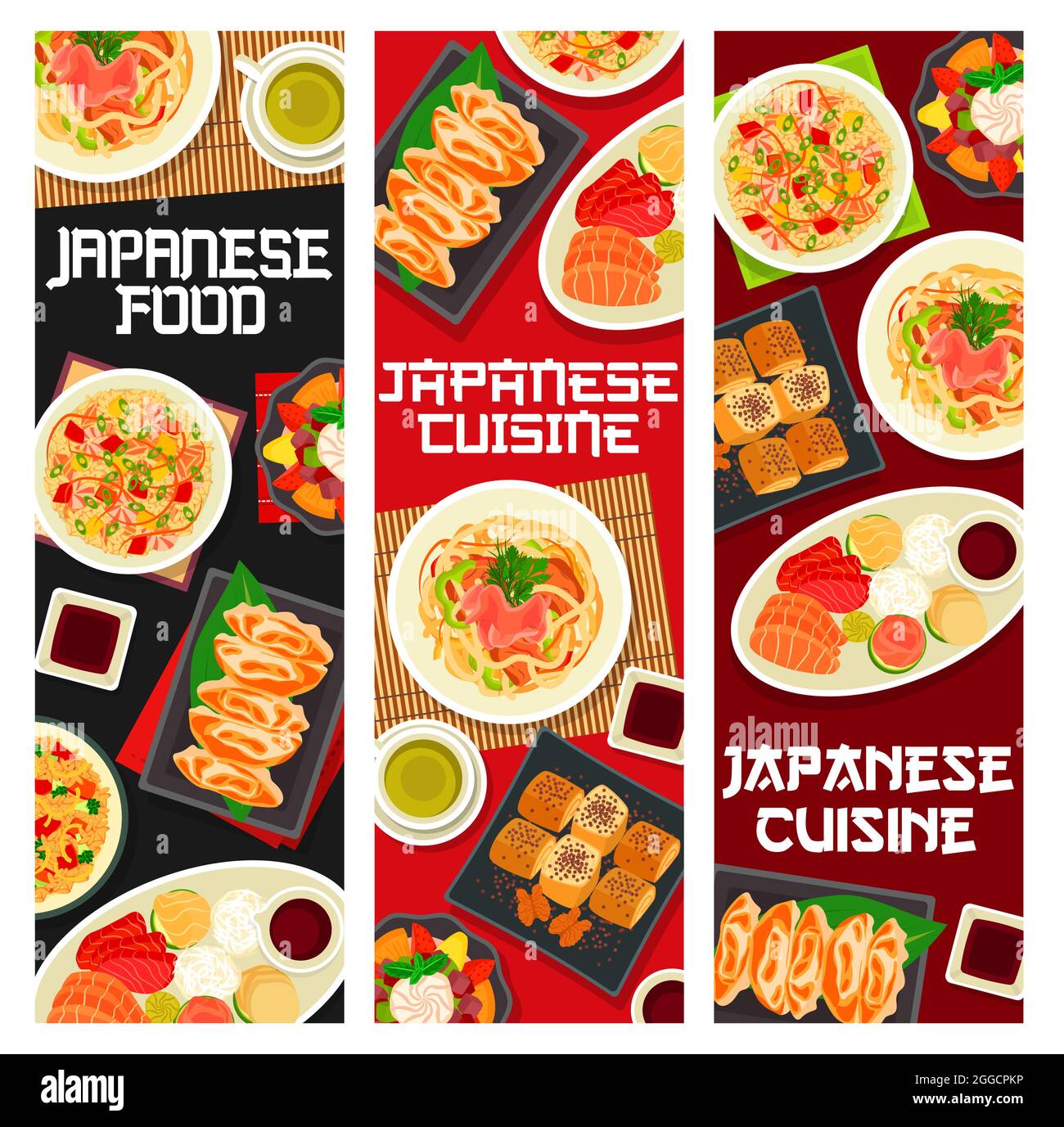 Japanese cuisine food banners, Asian dishes and meals, vector ...
