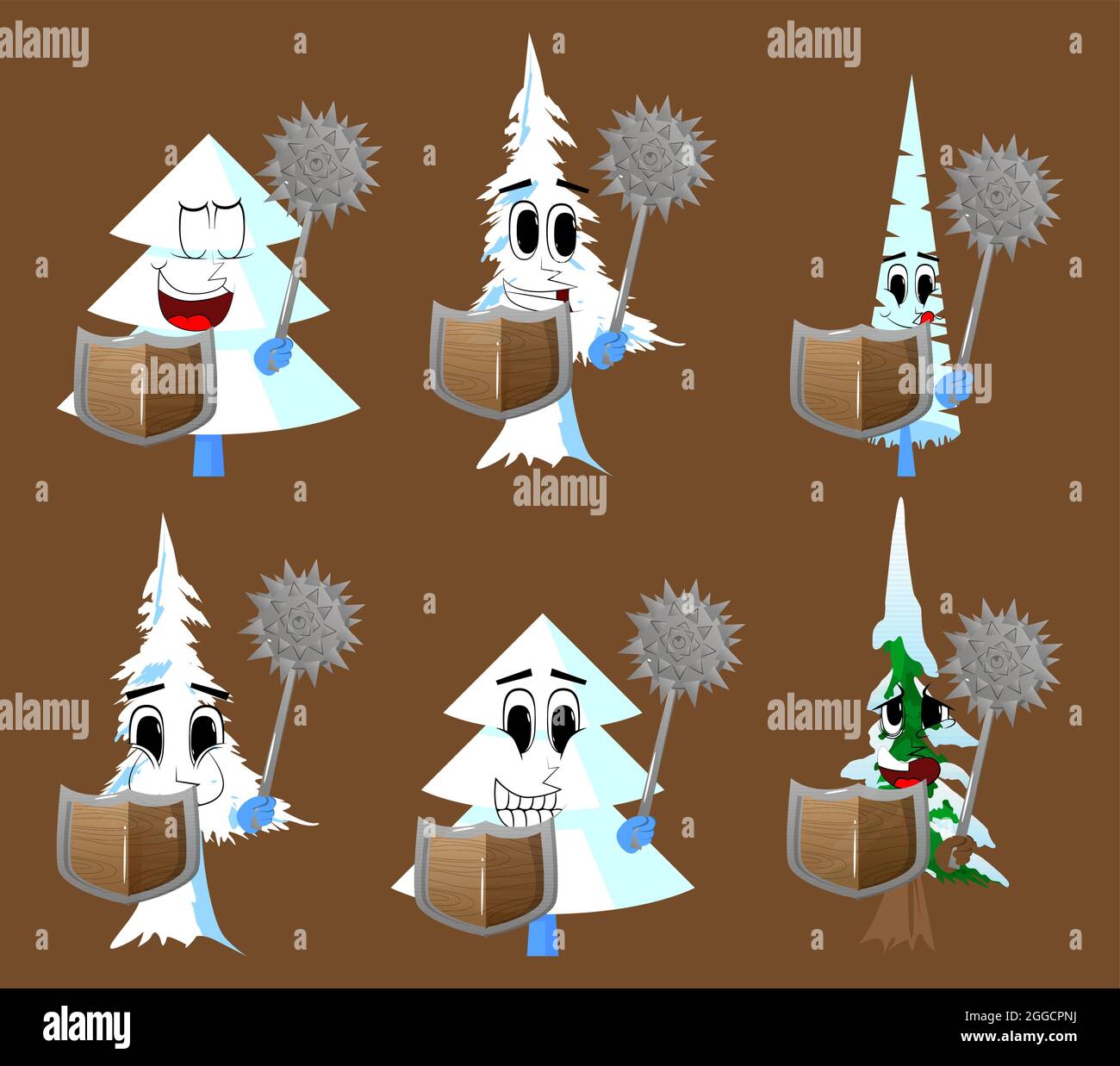 Cartoon winter pine trees with faces holding a spiked mace and shield ...