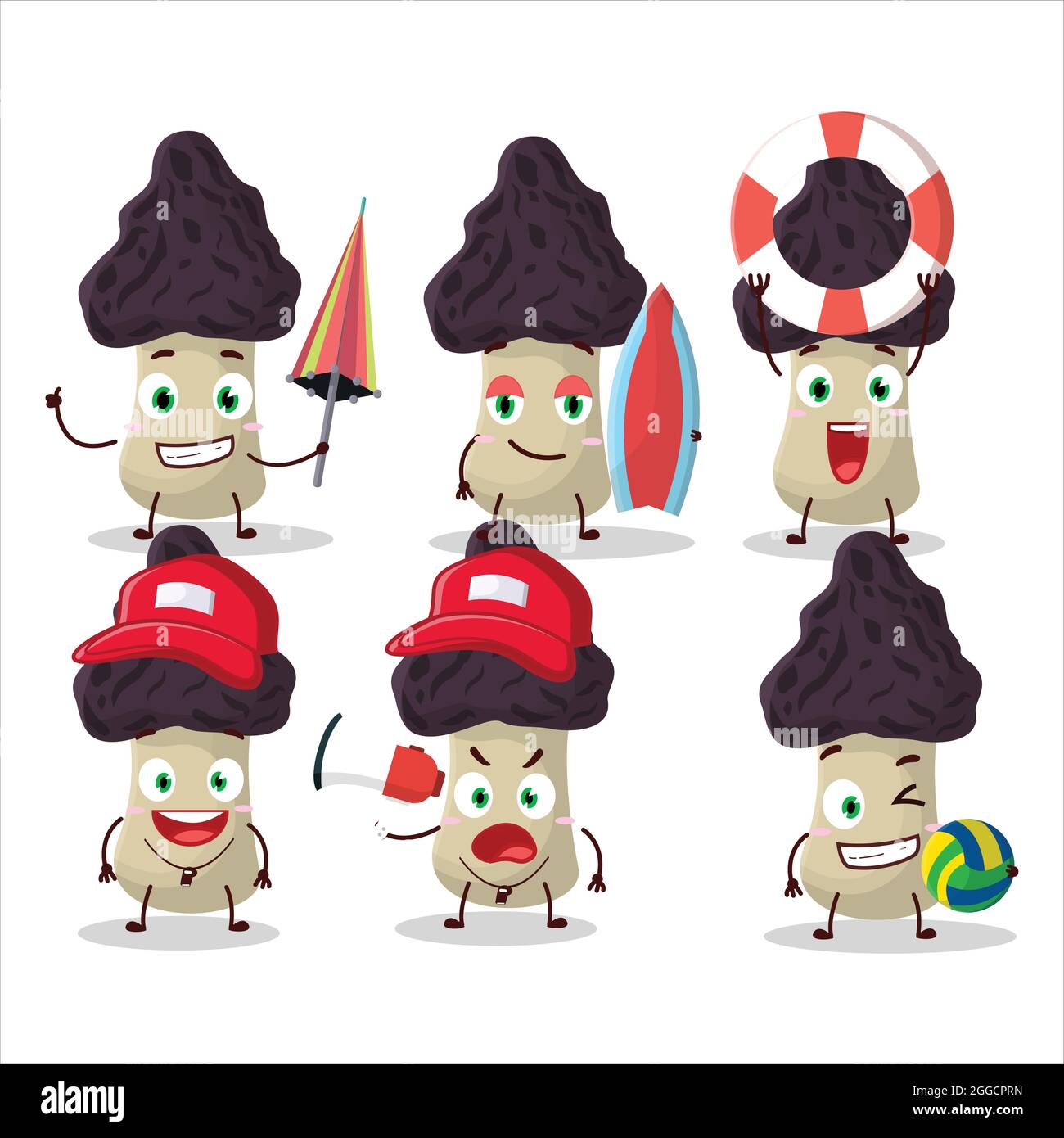 Happy Face Gyromitra Cartoon Character Playing On A Beach Vector