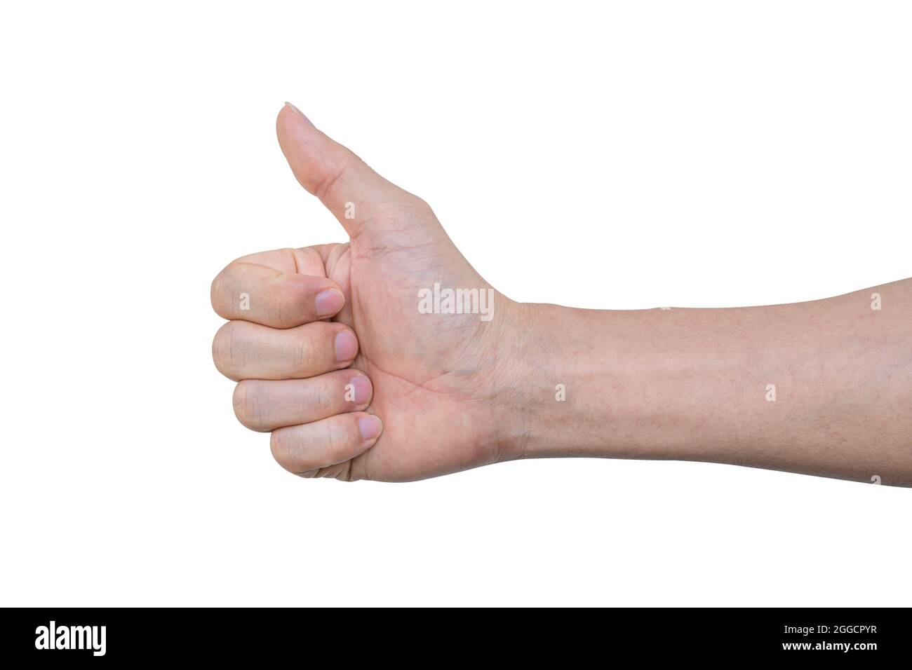 Closeup of male hand showing thumbs sign isolated on white background ...