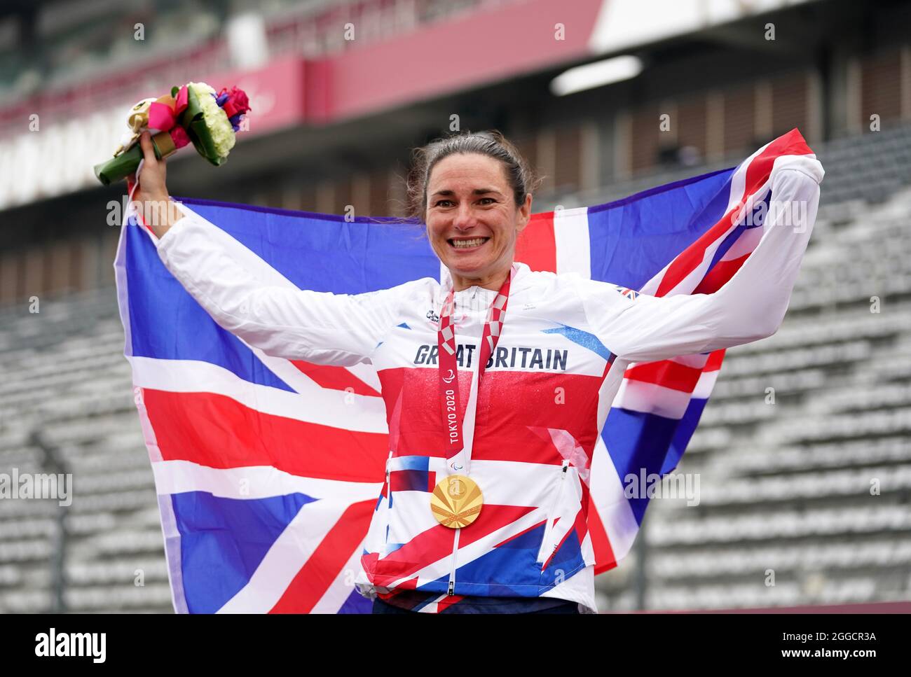 Great Britain's Sarah Storey celebrates with the gold medal in the ...