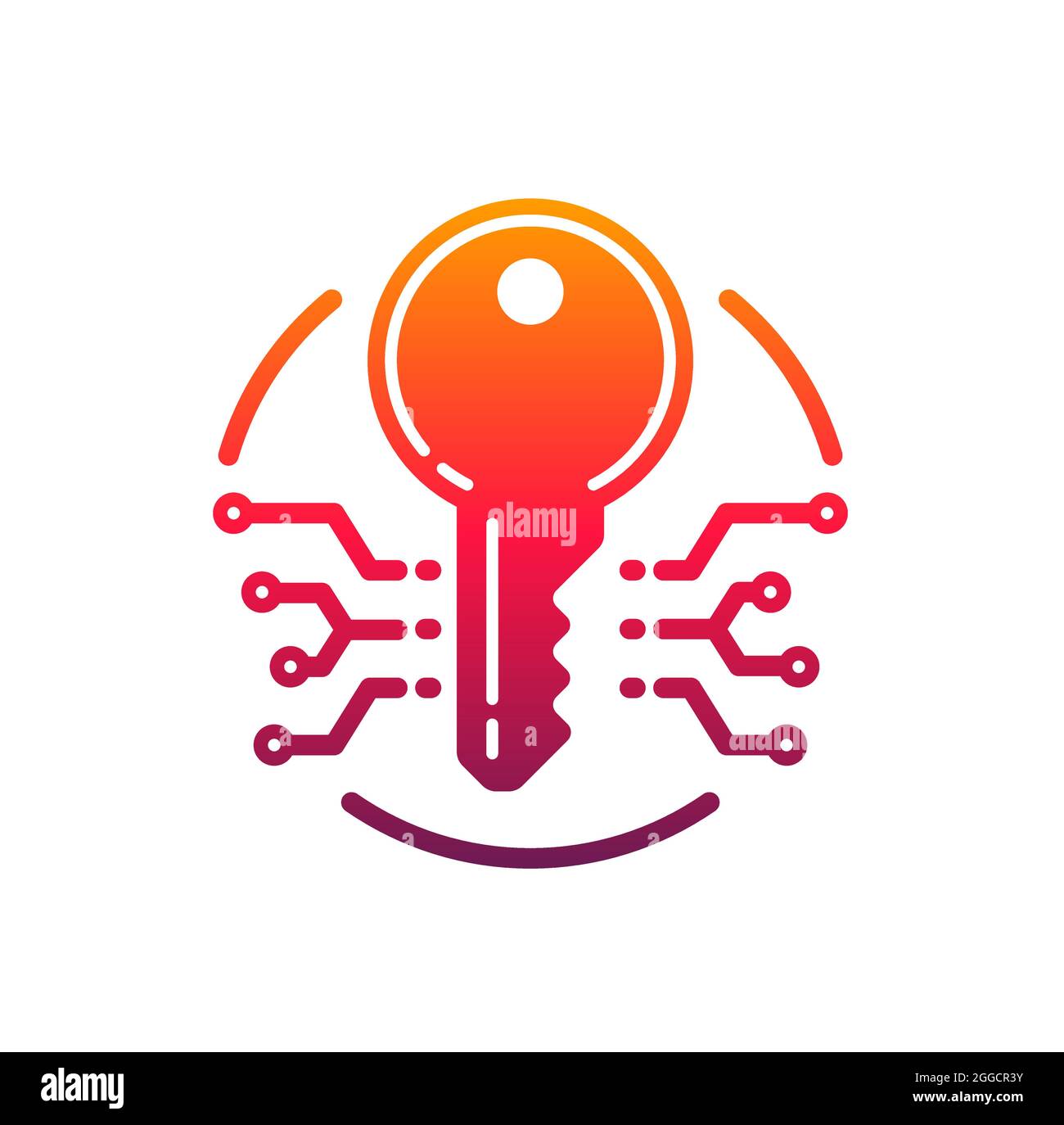Cyber security and protection key icon. Vector emblem with microcircuit ...