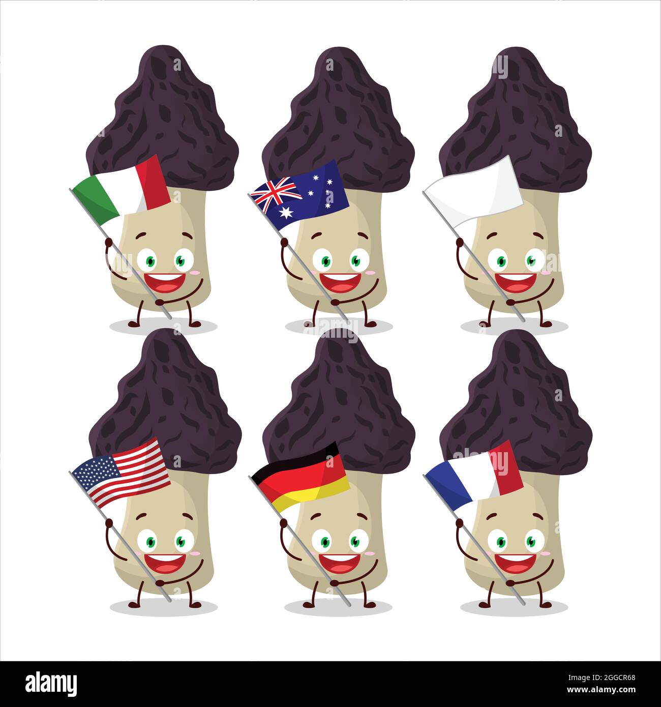 Gyromitra Cartoon Character Bring The Flags Of Various Countries