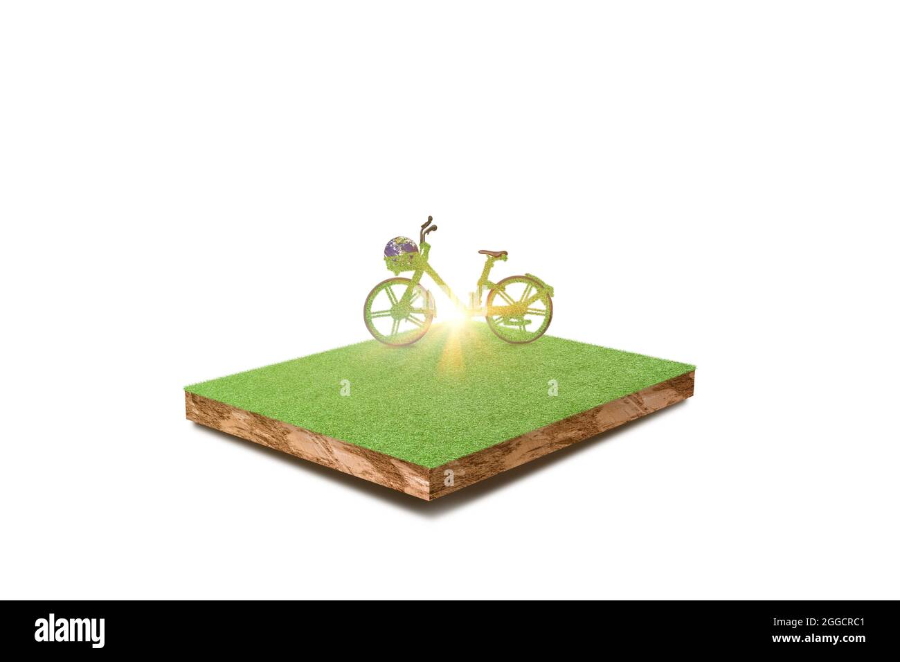 Green ecological bicycle on grass field isolated on white background ...