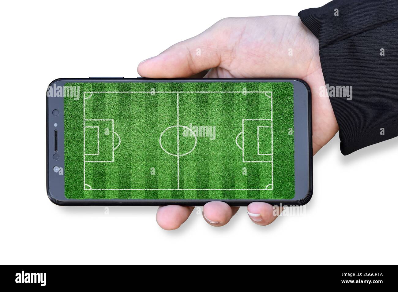hand holding mobile phone with soccer or football field isolated on ...