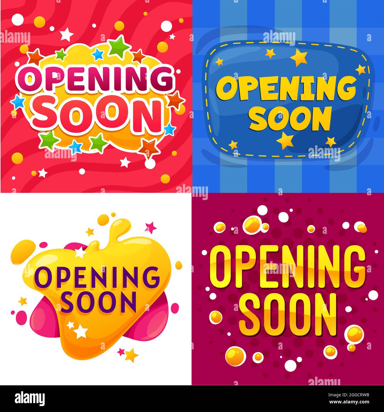 Opening soon cartoon banners. Kids store or shop grand opening ...