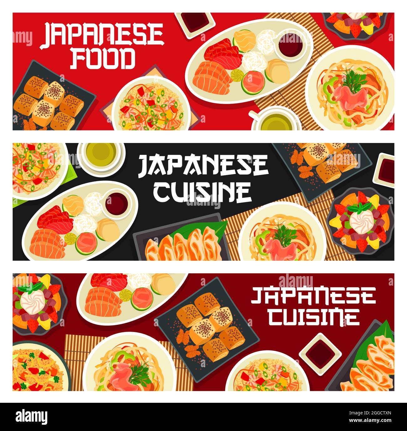Japanese food and Asian cuisine dishes, vector restaurant menu banners ...