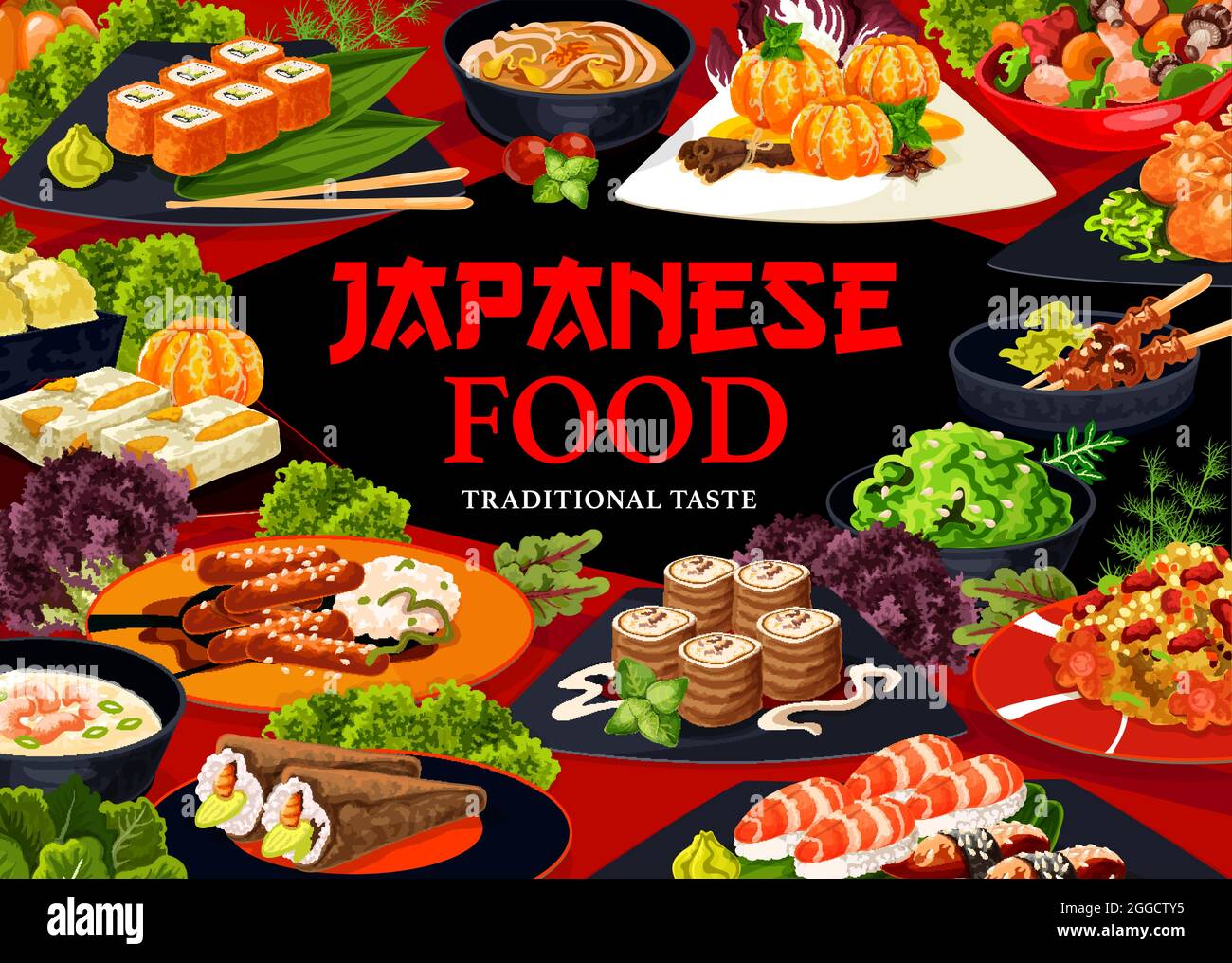 Japanese cuisine food menu cover. Walnut rolls, yakitori and mandarin ...