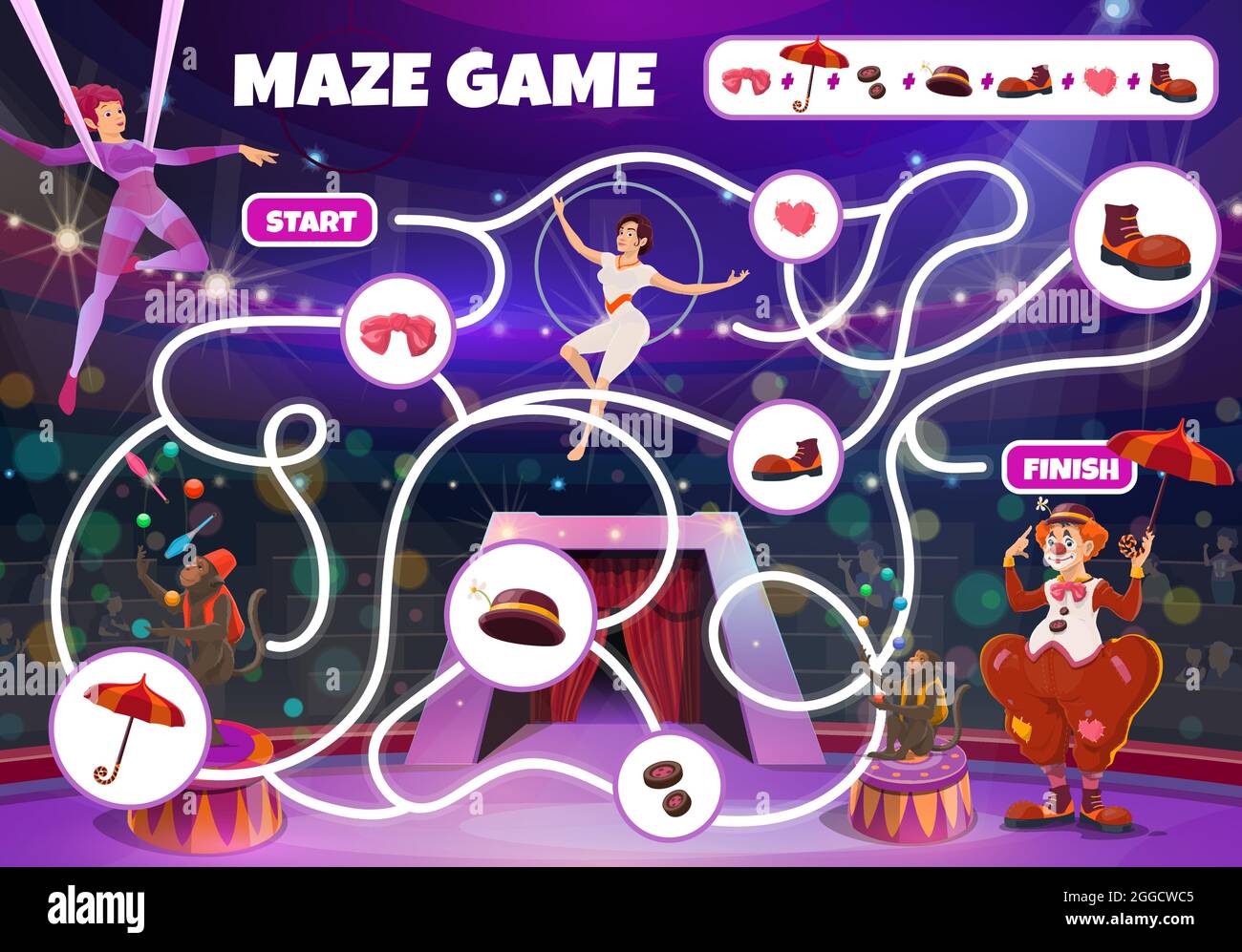 Circus maze game, vector labyrinth kids boardgame with big top artists ...