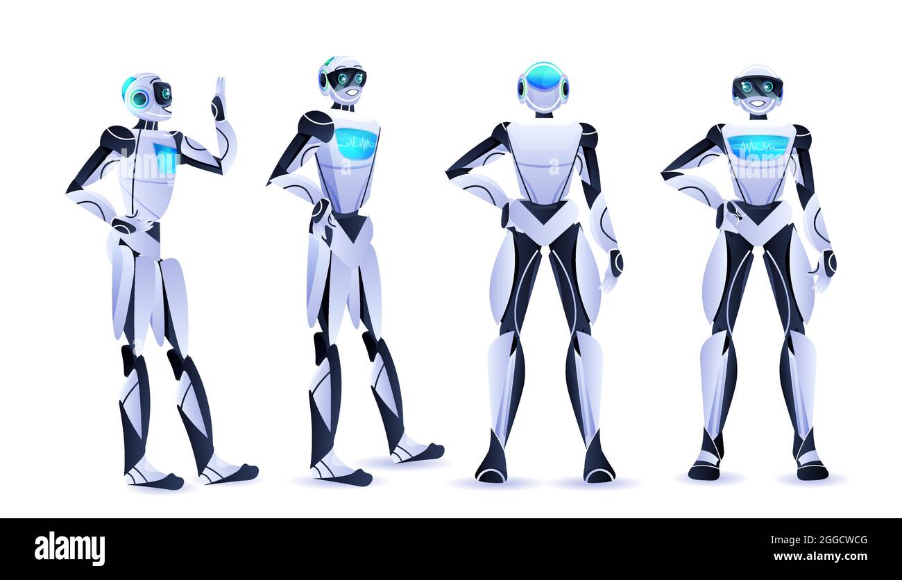 set robot standing in different poses modern robotic characters artificial intelligence ...