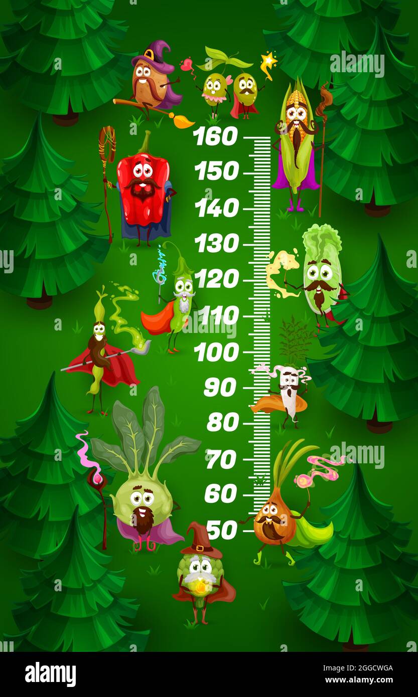 Kids height chart with cartoon wizard vegetables, vector growth meter ...