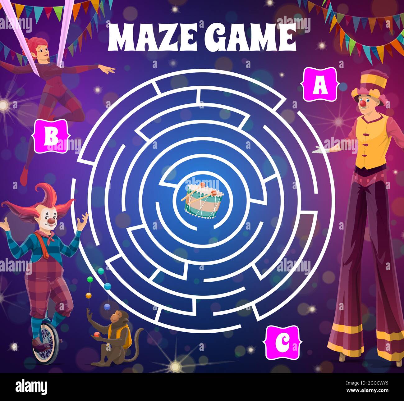 Round circus labyrinth maze game with clowns. Vector kids boardgame ...