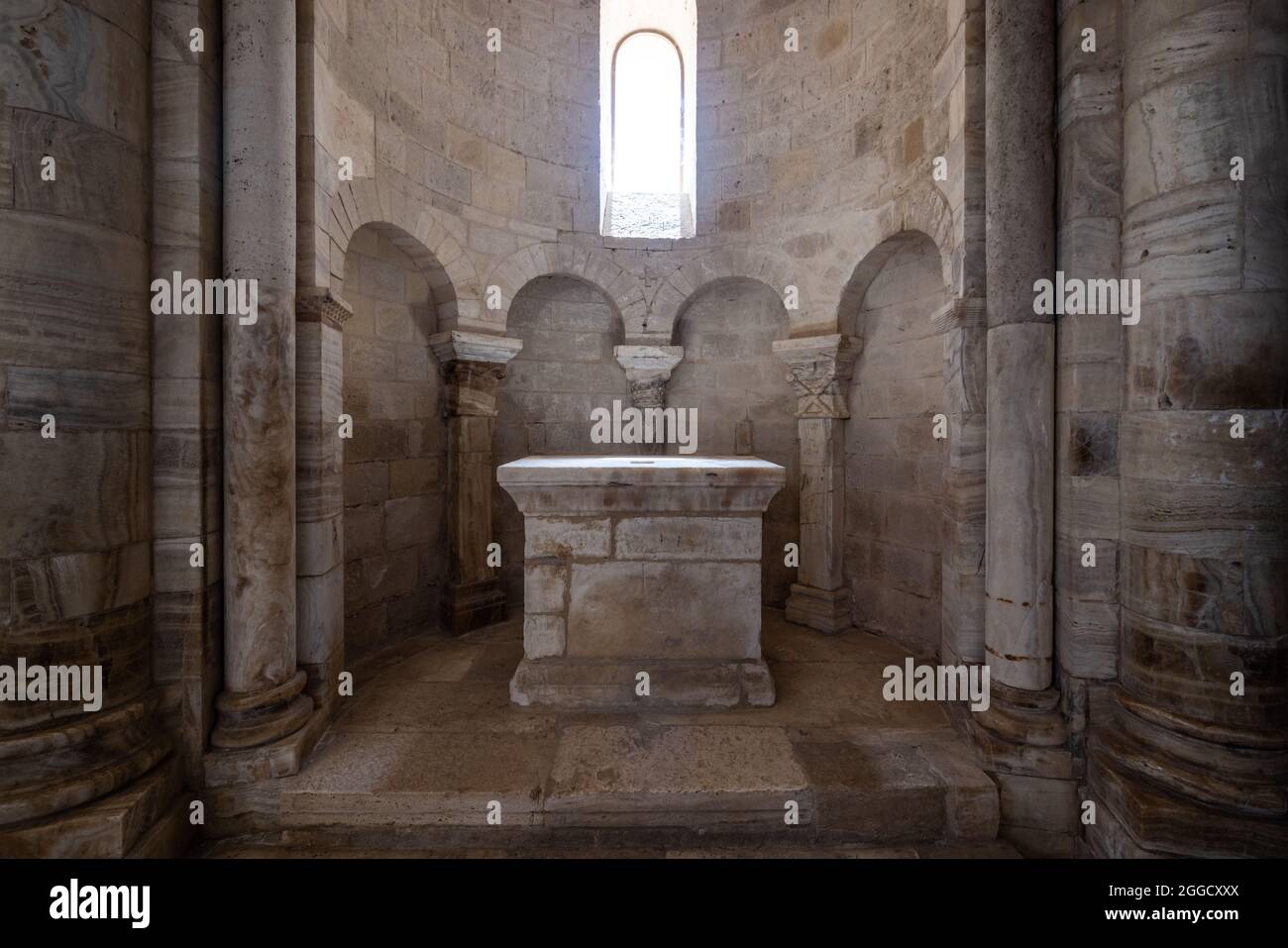 Symmetrical view of a circular niche in a Roman church containing a ...