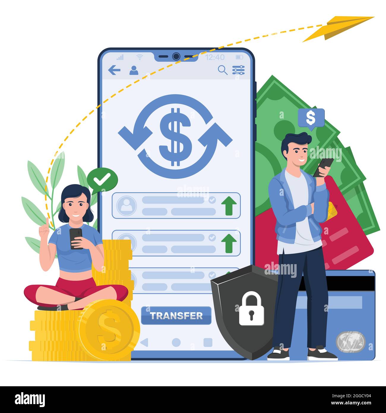Vector design of two people making a secure mobile money transfer Stock ...