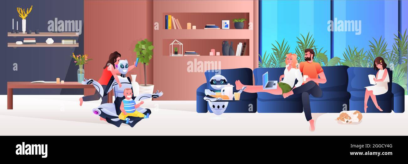 modern robot nanny spending time with children robotic waiter serving ...