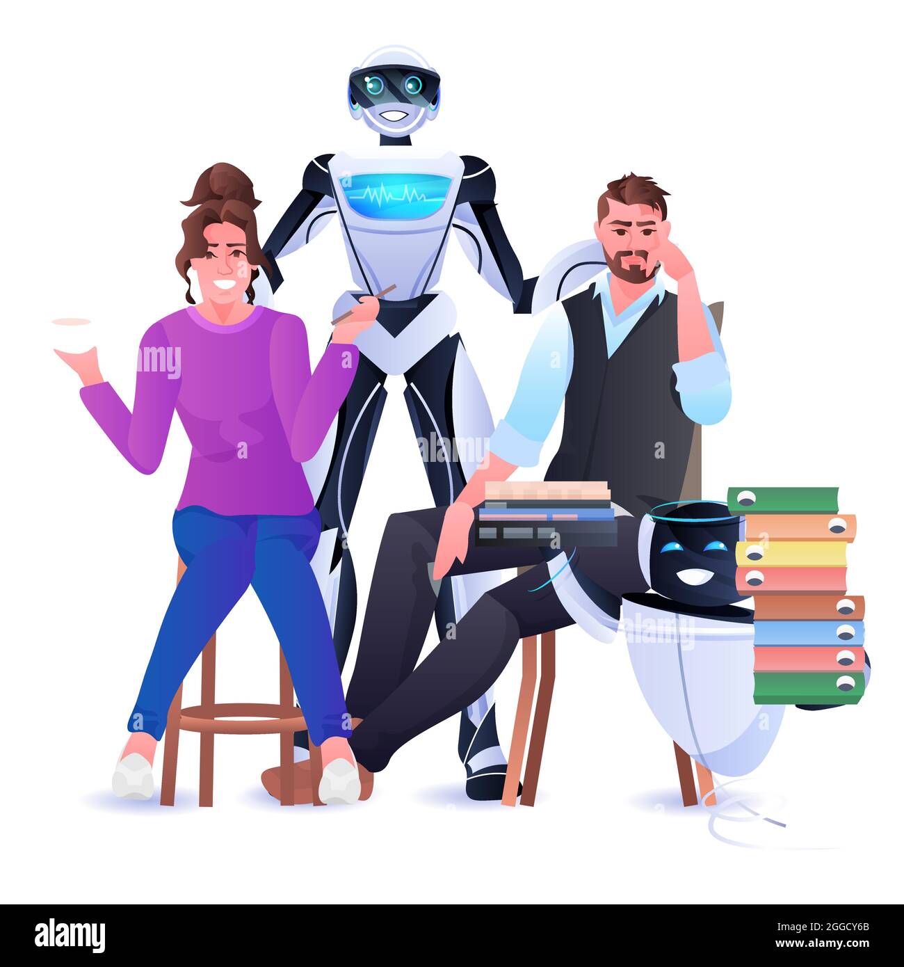 businesspeople and robots standing together artificial intelligence ...