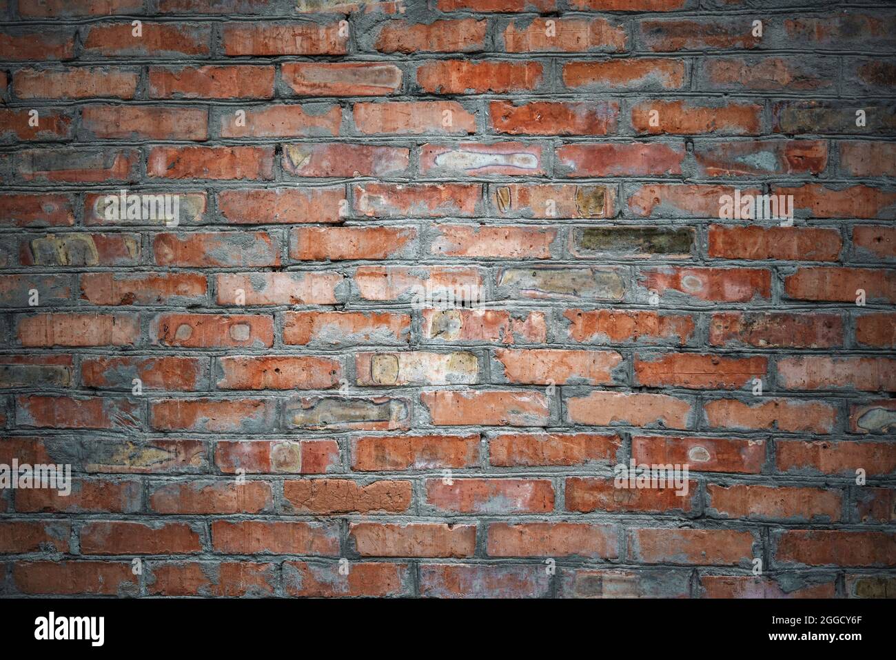 Red clay old brick wall background, weather staines old brick texture ...