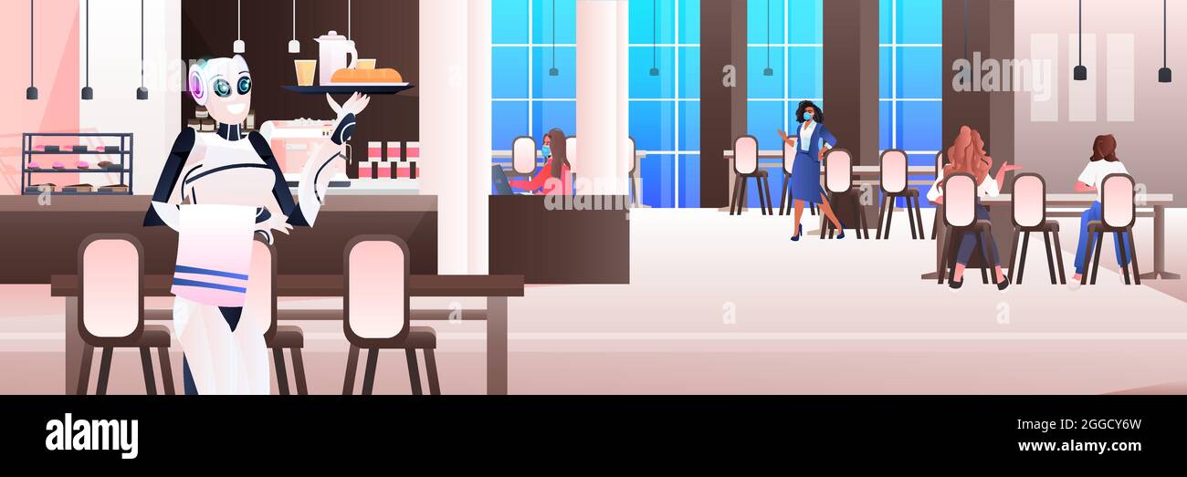 robot waiter serving food to visitors in restaurant artificial ...