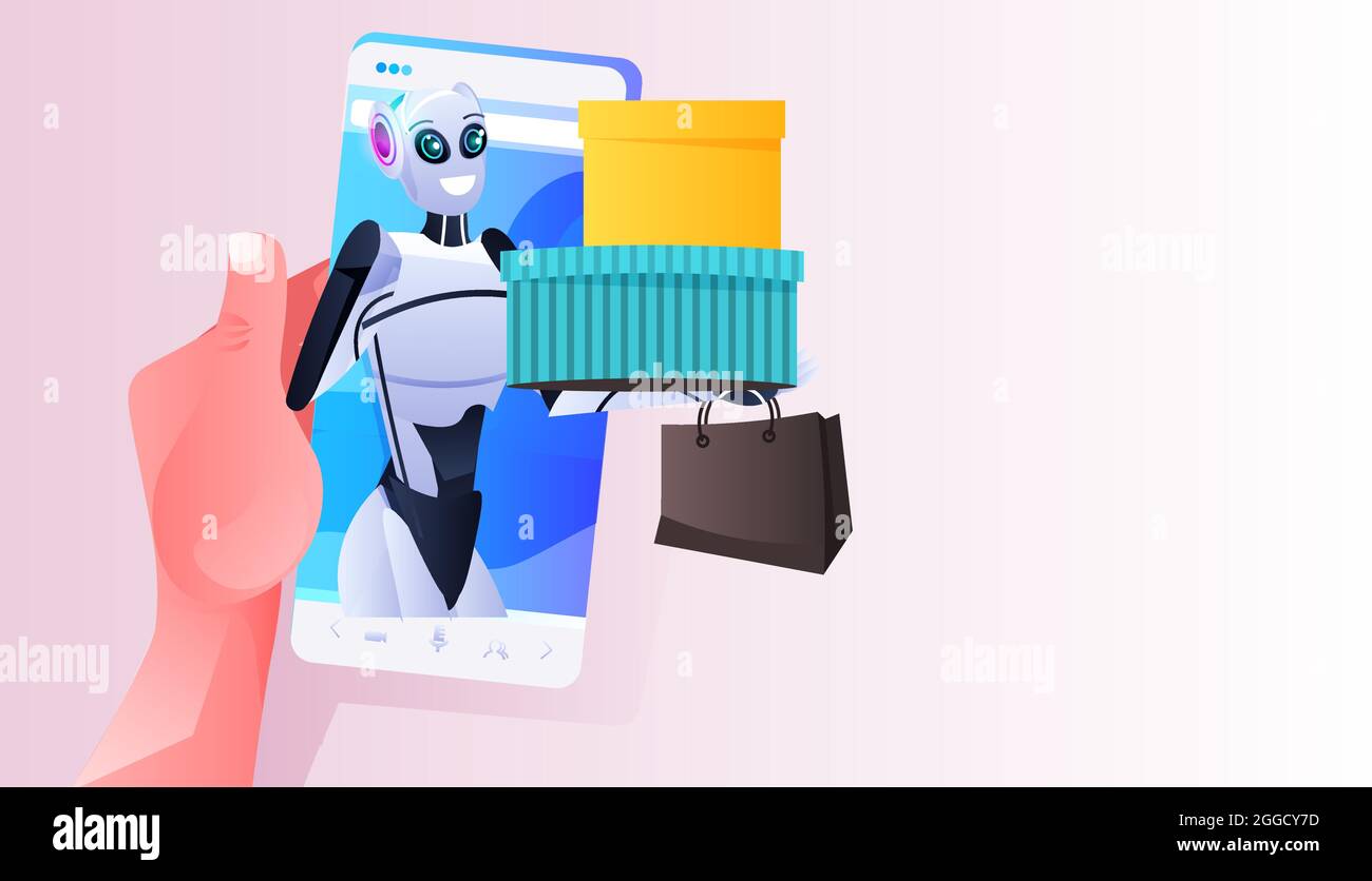 modern robot holding colorful purchases shopping bags on smartphone ...