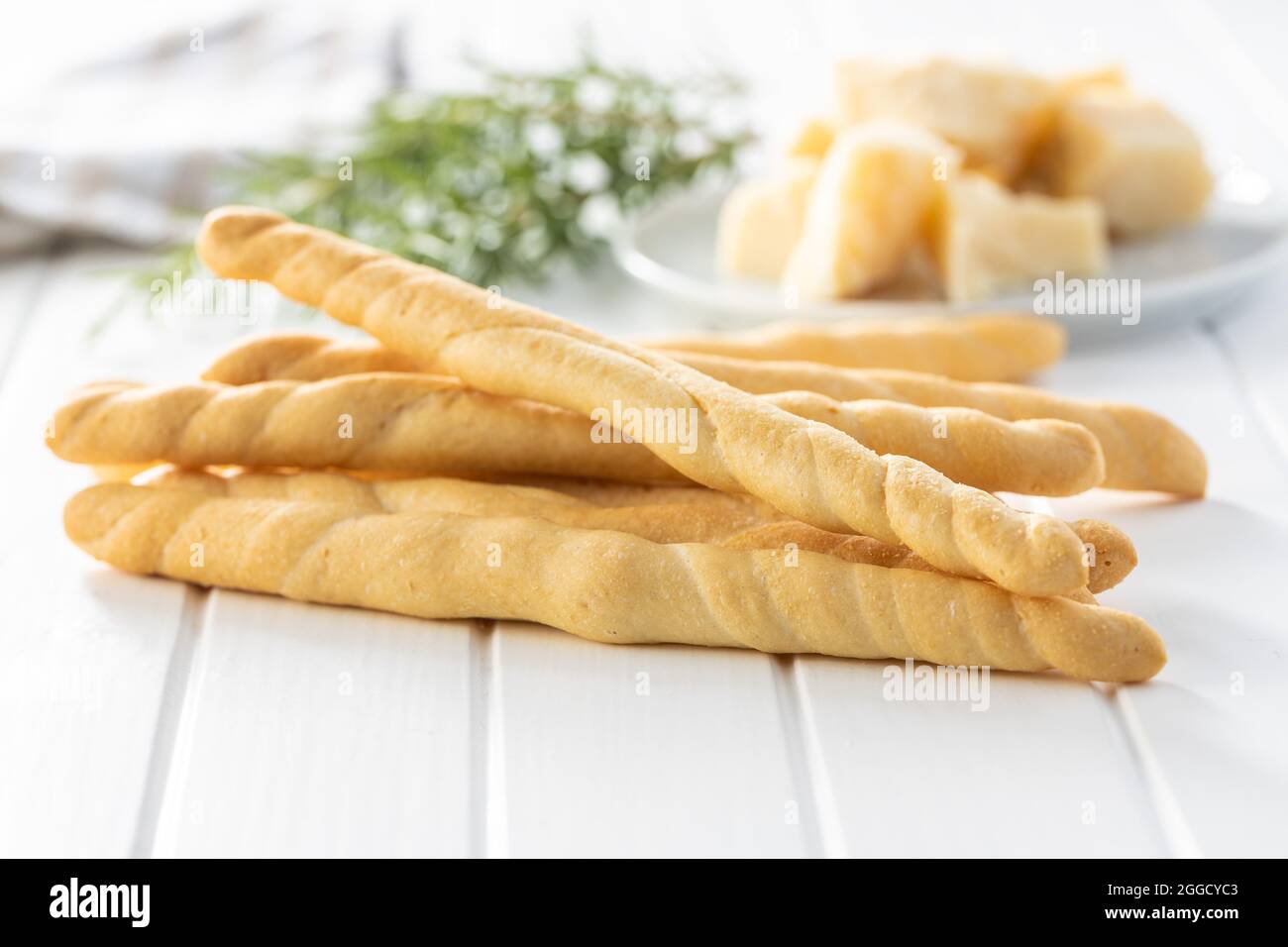 Grissini sticks. Traditional italian bread sticks on white table Stock ...