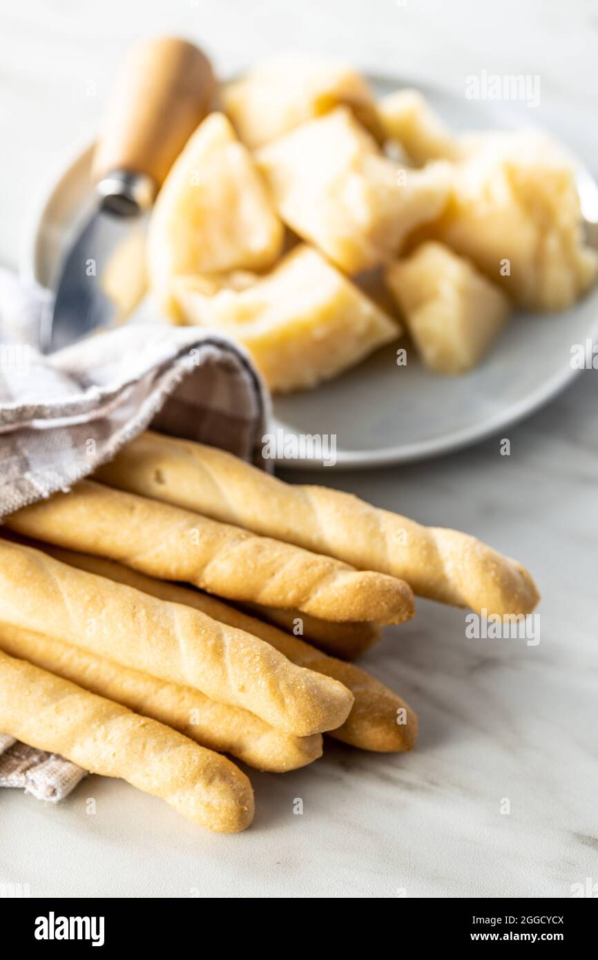 Grissini sticks. Traditional italian bread sticks on white table Stock ...