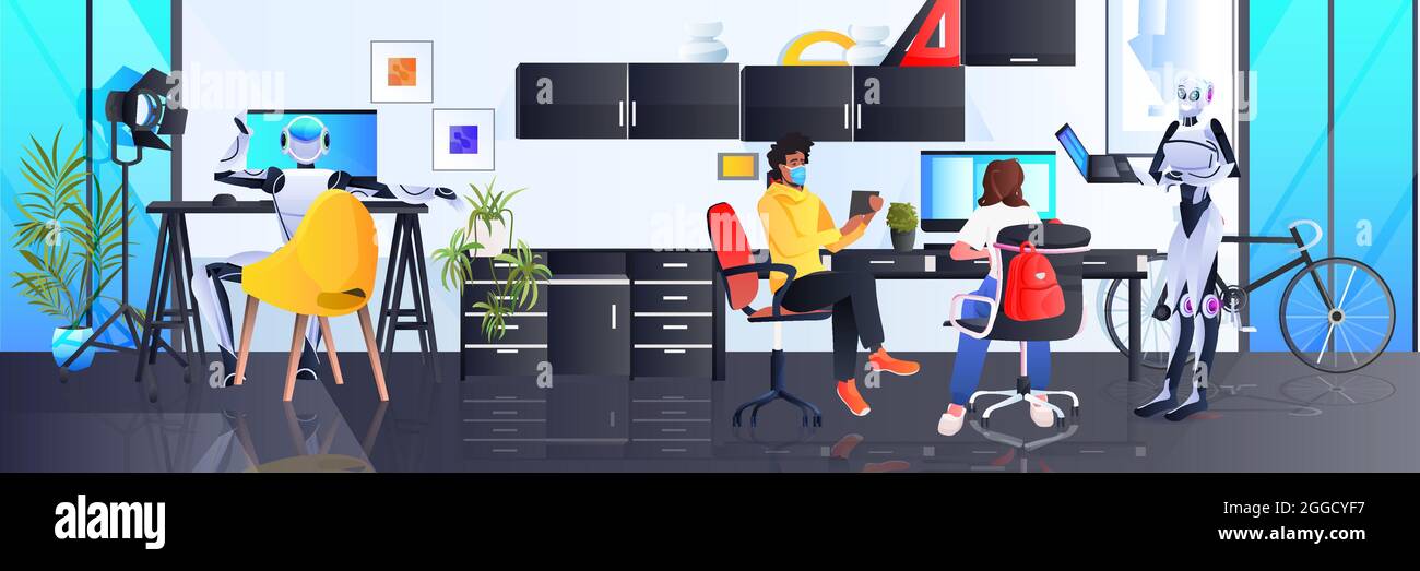 businesspeople in masks and robots working together in creative open ...